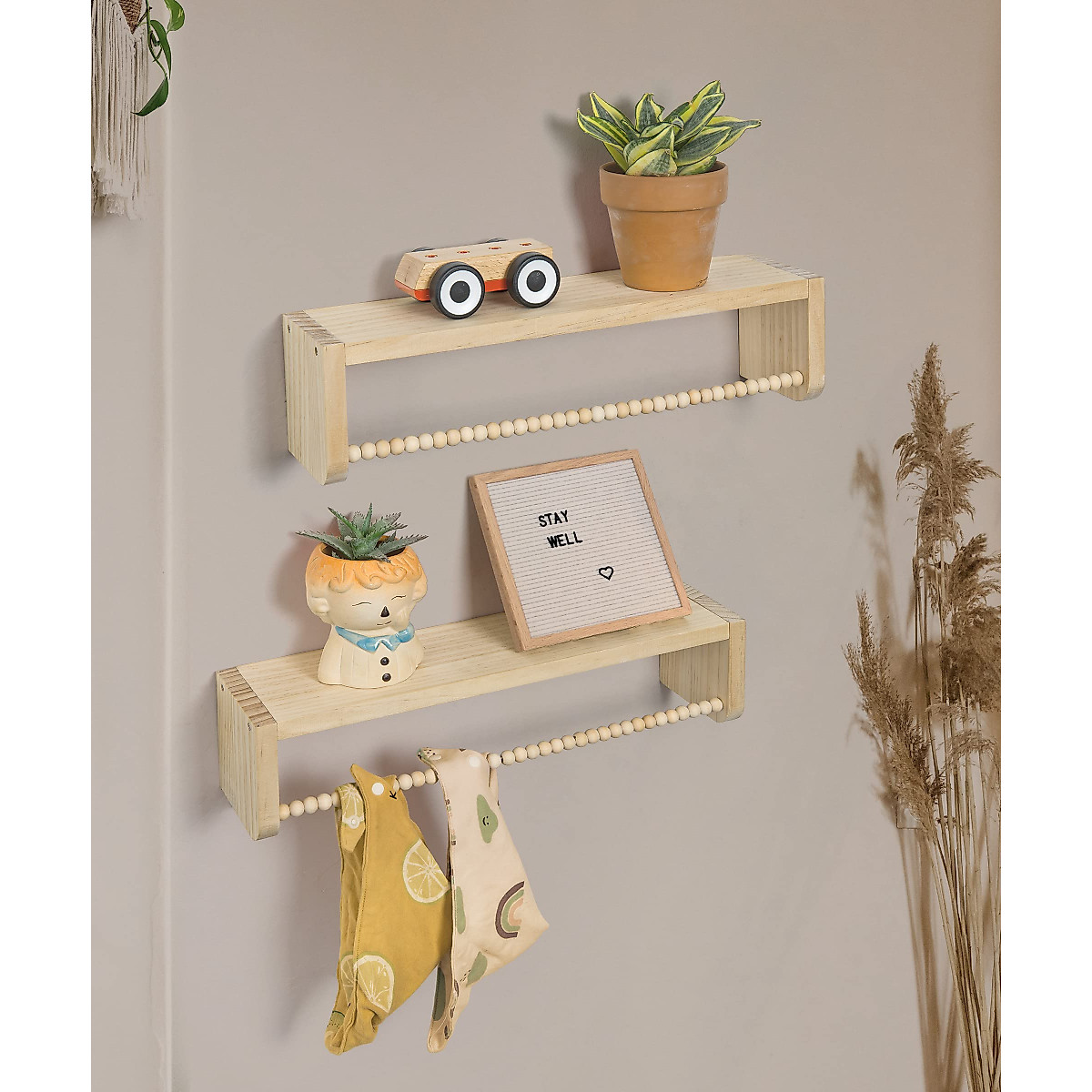 Mazjoaru Nursery Book Shelves for Wall Set of 3, Natural Wood Bookshelves Wall Decor, Small Floating Shelf Organizer for Kids Room, Bedroom, Kitchen Spice Rack