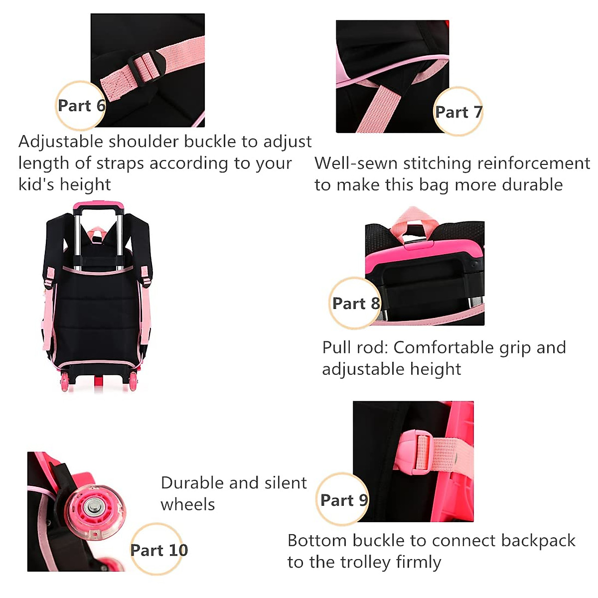Bowknot Kids Rolling School Backpack 2Pcs Polka Dot Princess Style Trolley Bookbag on Six Wheels