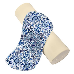 xigua Blue Decorative Floral Neck Roll Pillow for Neck Relief with Removable Washable Cover - Memory Foam Round Cylinder Bolster, Ergonomically Designed for Head, Neck, Back, and Legs