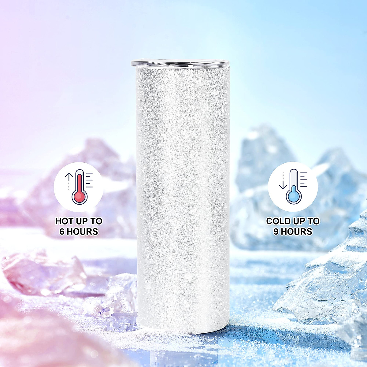 AGH 8 Pack Glitter Sublimation Tumblers - 20 oz Skinny Straight, White Double Wall Stainless Steel Insulated Cups with Straw, Straw Brush, Shrink Wrap, and Heat Resistant Tape.