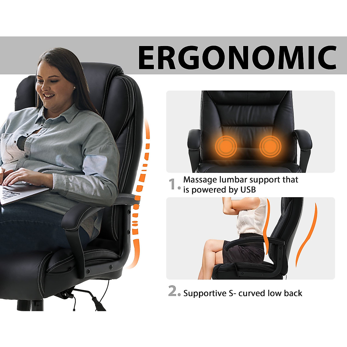 500 LBS Ergonomic Executive Office Chair, High Back Desk Chair with Massage Lumbar Support, Swivel Rocking Chair Computer Desk Chair with Padded Armrest and Adjustable Height, Black
