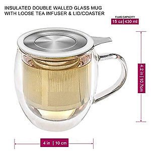 Teabloom Double-Wall Heatproof Glass Mug with Stainless Steel Infuser and White Lid – 15 OZ / 430 ML – 2 Blooming Teas Included