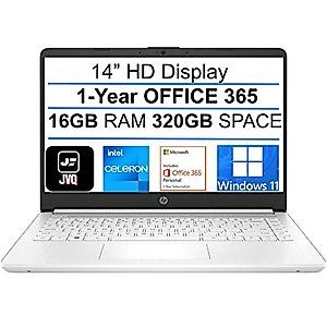 2022 Newest HP Stream 14" HD Laptop, Intel Celeron N4020(up to 2.8GHz), 16GB RAM, 320GB Space(64GB eMMC+256GB Card), 1-Year Office 365, WiFi, HDMI, USB-C, Webcam, Bluetooth, Windows 11S, White+JVQ MP