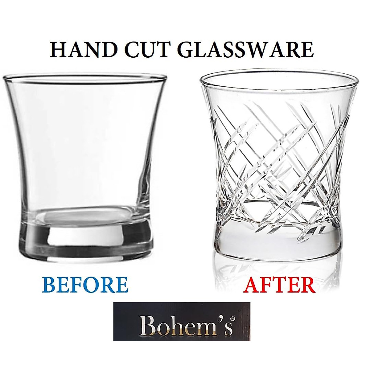BOHEM'S Drinking Glasses for Water, Juice, Beer, Wine and Cocktails, Set of 6, Clear Tempered Glass Hand Cut Tumblers, Glassware Set for All Occasions (8 oz)