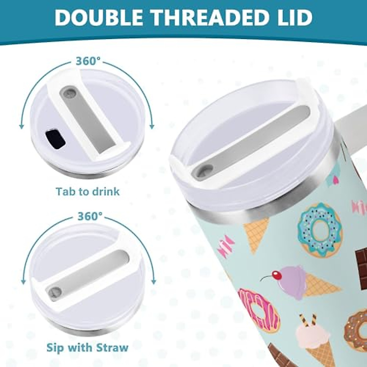 ARGTILDN 40 oz Tumbler Ice Cream Donuts Cupcakes Candy Insulated Travel Mug with Handle and Straw Lid Stainless Steel Vacuum Coffee Cup Tea Beverage Container Water Bottles for Car Sports office
