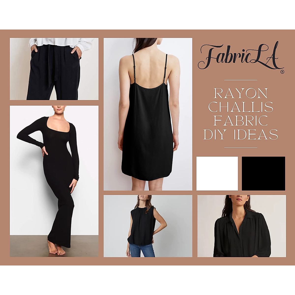 Rayon Challis Fabric by The Yard - 60" Inches Wide - Lightweight Rayon Fabric - Use Rayon Fabric by The Yard for Lounge Wear, Jumpsuits, Pajamas, and Skirts - Black, 2 Continuous Yards