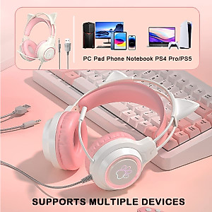 Gaming Headset with Removable Cat Ears, 3.5mm Wired Headphones with Adjustable Microphone, Extendable Padded headband, Noise Cancelling and RGB Light Headphones for Xbox/PS4/Switch/Mac/Phone (Green)