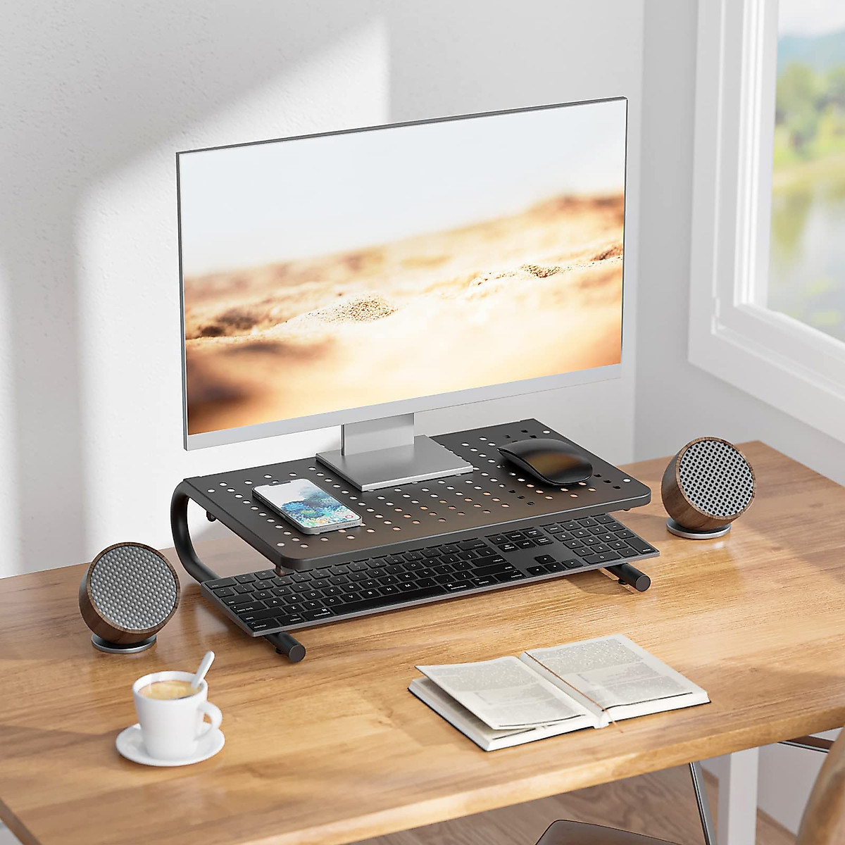 WALI Monitor Stand Riser, Laptop Holder Printer Riser Desk Accessories, Vented Metal Platform and 4 inches Height Underneath Storage for Office Supplies (STT001), 1 Pack, Black