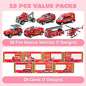 JOYIN 28 Packs Valentines Day Cards with DieCast Fire Rescue Vehicles Toys for Kids Valentine Party Favor, Classroom Exchange Prize and Gifts for Boys, Valentine’s Greeting Cards