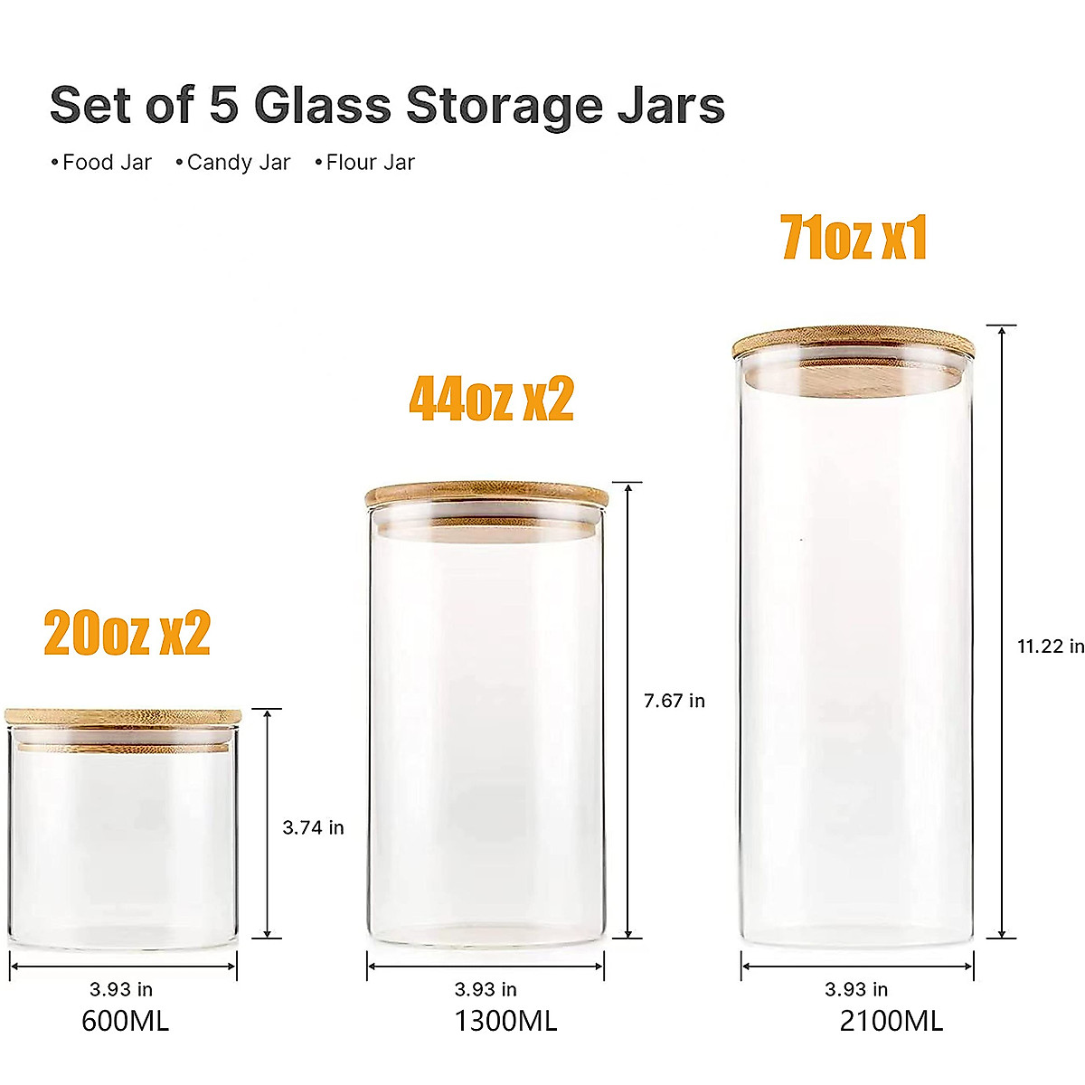 Glass Storage Jars [Set of 5],Clear Glass Food Storage Containers with Airtight Bamboo Lid Stackable Kitchen Canisters for Candy,Cookie,Rice,Sugar,Flour,Pasta,Nuts and Spice Jars