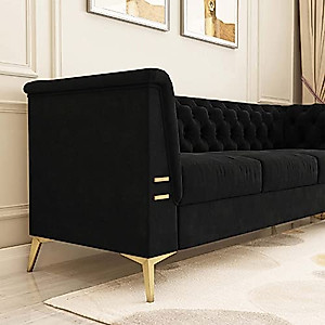 Gooamz Black Velvet Couch Sofa, 82 Inch Wide Modern Tufted Chesterfield Sofa with Flared Arms and Golden Metal Legs, Upholstered 3-Seater Sofa Large Comfy Couches for Living Room (Black)