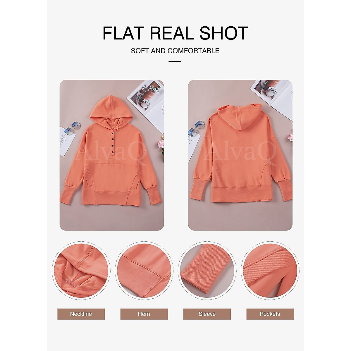 AlavQ Fall Long Sleeve V Neck Pullover Hoodies Sweatshirt With Pockets For Women Tops with Pocket Plus Size Clothing Orange 1X