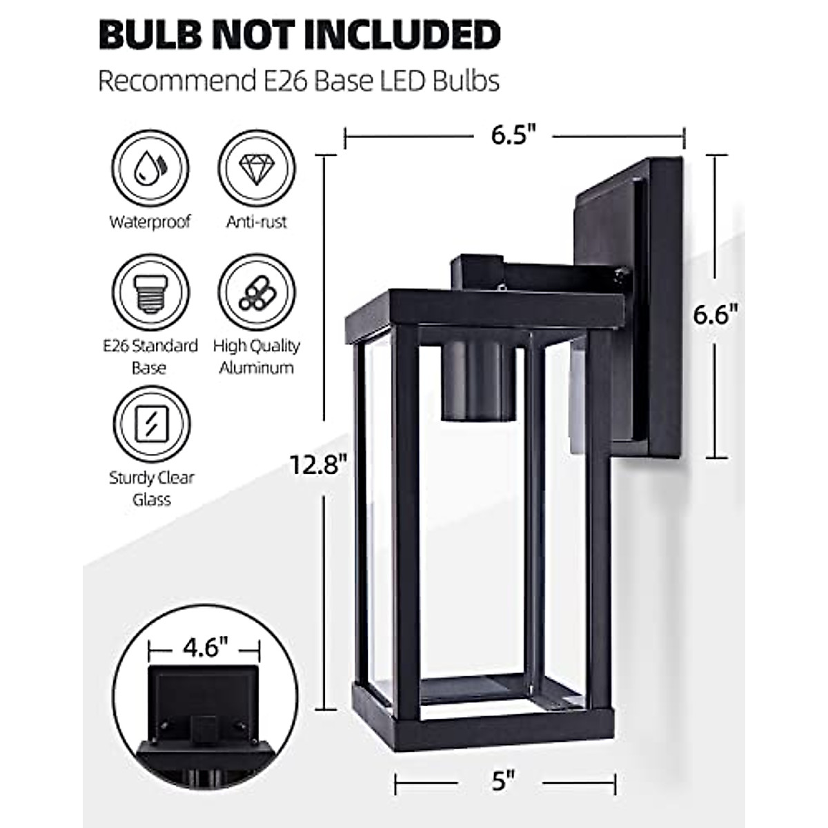 Eietonte Outdoor Wall Sconce, Exterior Wall Lantern Light Fixtures with Clear Glass Shade, Waterproof Wall Porch Lighting, Modern Anti-Rust E26 Socket Wall Mount Lamp for Garage Doorway, 2 Pack