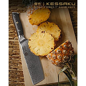 KESSAKU Nakiri Knife - 7 inch - Damascus Dynasty Series - Asian Vegetable Cleaver - Razor Sharp Kitchen Knife - Forged 67-Layer Japanese AUS-10V Stainless Steel - G10 Garolite Handle with Blade Guard