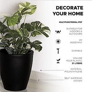 Elly Décor 17 inch Planter for Garden with Drainage, Large Round, Lightweight & Extremely Durable, Deck Indoor/Outdoor Plastic Pot, 17"x15"x9", Black