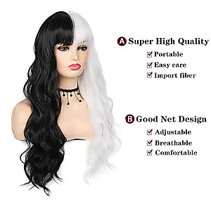 Sallcks Black White Wig Long Curly Wavy Split 2 Tone Wigs With Bangs Synthetic Cosplay Costume Halloween Wigs for Women