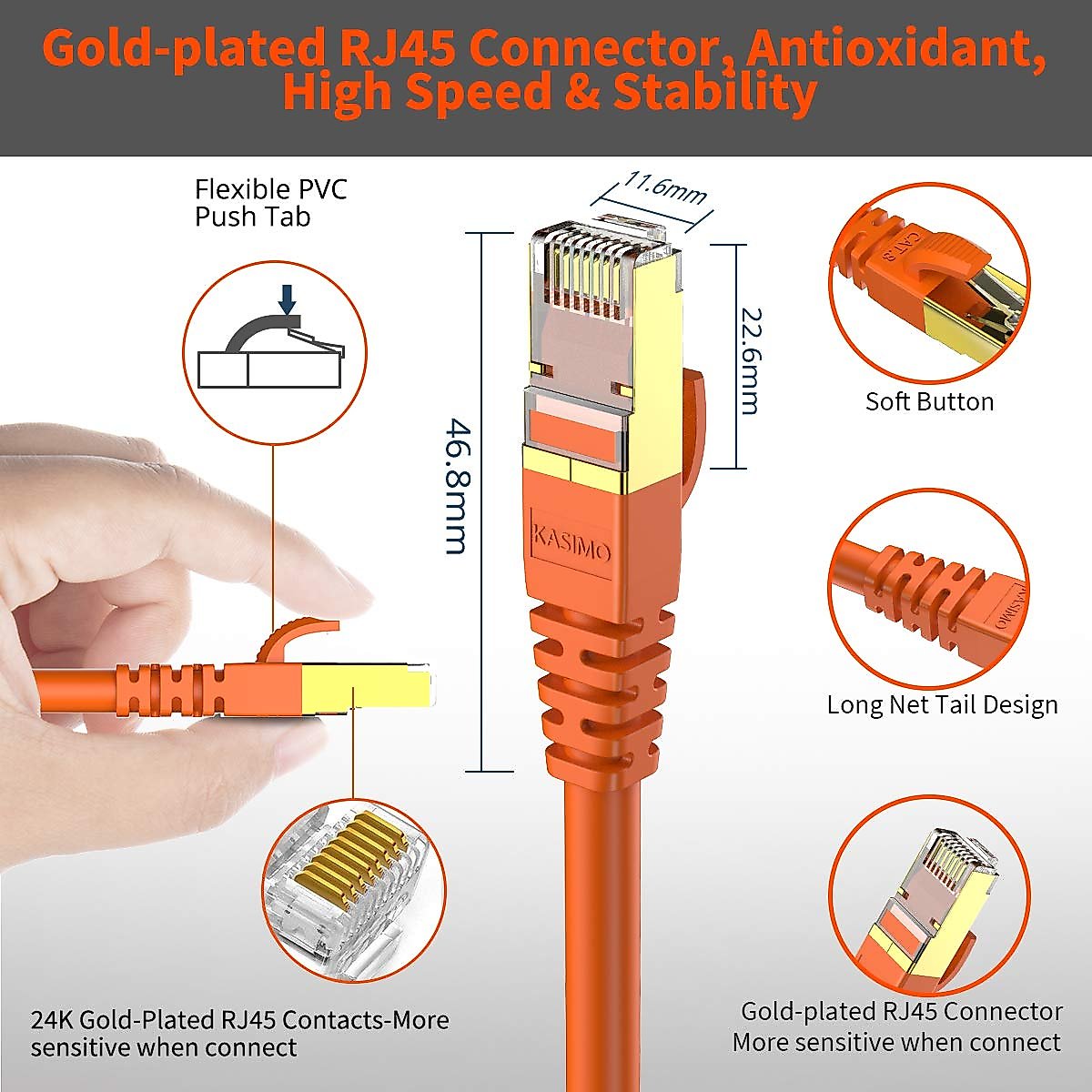 CAT 8 Ethernet Cable Shielded SFTP Internet Network Patch Cord, Heavy Duty High Speed LAN Cables w Gold Plated RJ45 Connector Professional for Router, Modem, Gaming, Xbox (5 Feet, 5 Pack Orange)