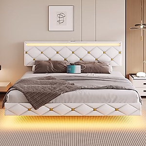 DICTAC Floating King Bed Frame with LED Lights and USB Ports Modern Upholstered Platform LED Bed Frame King Size with Headboard Faux Leather Low Profile Floating Bed Frame, No Box Spring Needed,White