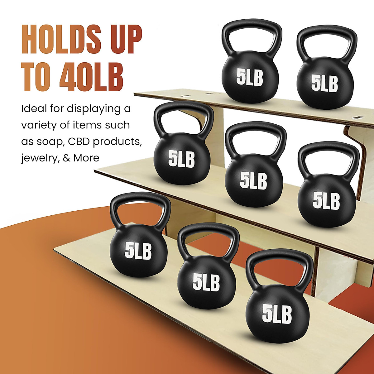 3-Tier Straight Wooden Retail Table Display Stand with Shelves for Products - Portable | 3 Step Straight Display Rack for Retail Table Top, Counter Top, Craft Shows, Farmers Market, Tradeshows 9.5" L