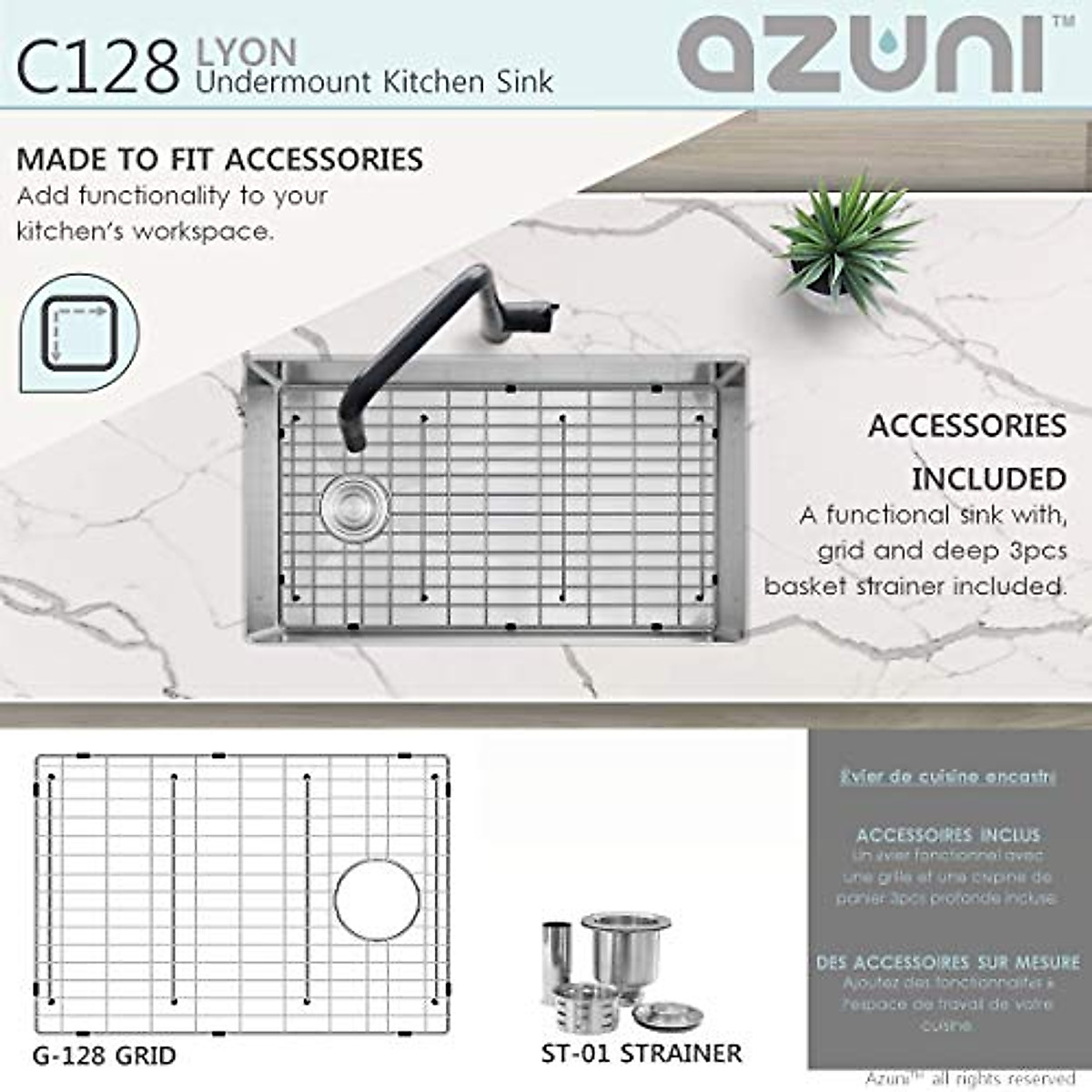 AZUNI 28 inch x 18 inch Single Bowl Undermount 16 Gauge Reversible Deep Stainless Steel Kitchen Sink with Bottom Grid and Luxury Basket Strainer, C128