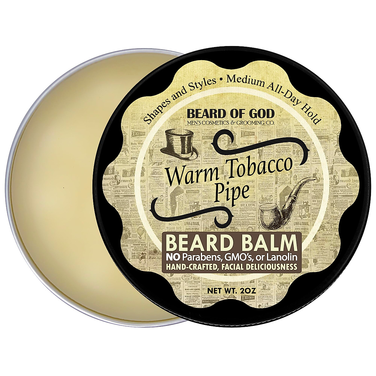 Warm Tobacco Pipe, Beard Balm Conditioner - Natural, Organic and Crafted in USA by Beard of God - Medium Hold, Low Sheen, Melts Easy in Hands, No Grittiness