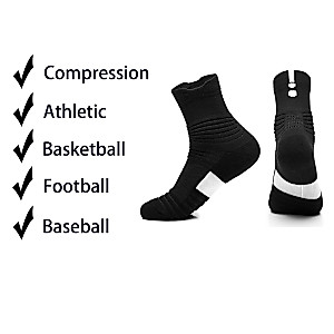 Yoknatt Performance Ankle Athletic Socks Elite Youth Basketball Socks for Mens Womens Boys Girls Mid Crew Socks Cushioned Running Compression Socks 3 Pack Black/White
