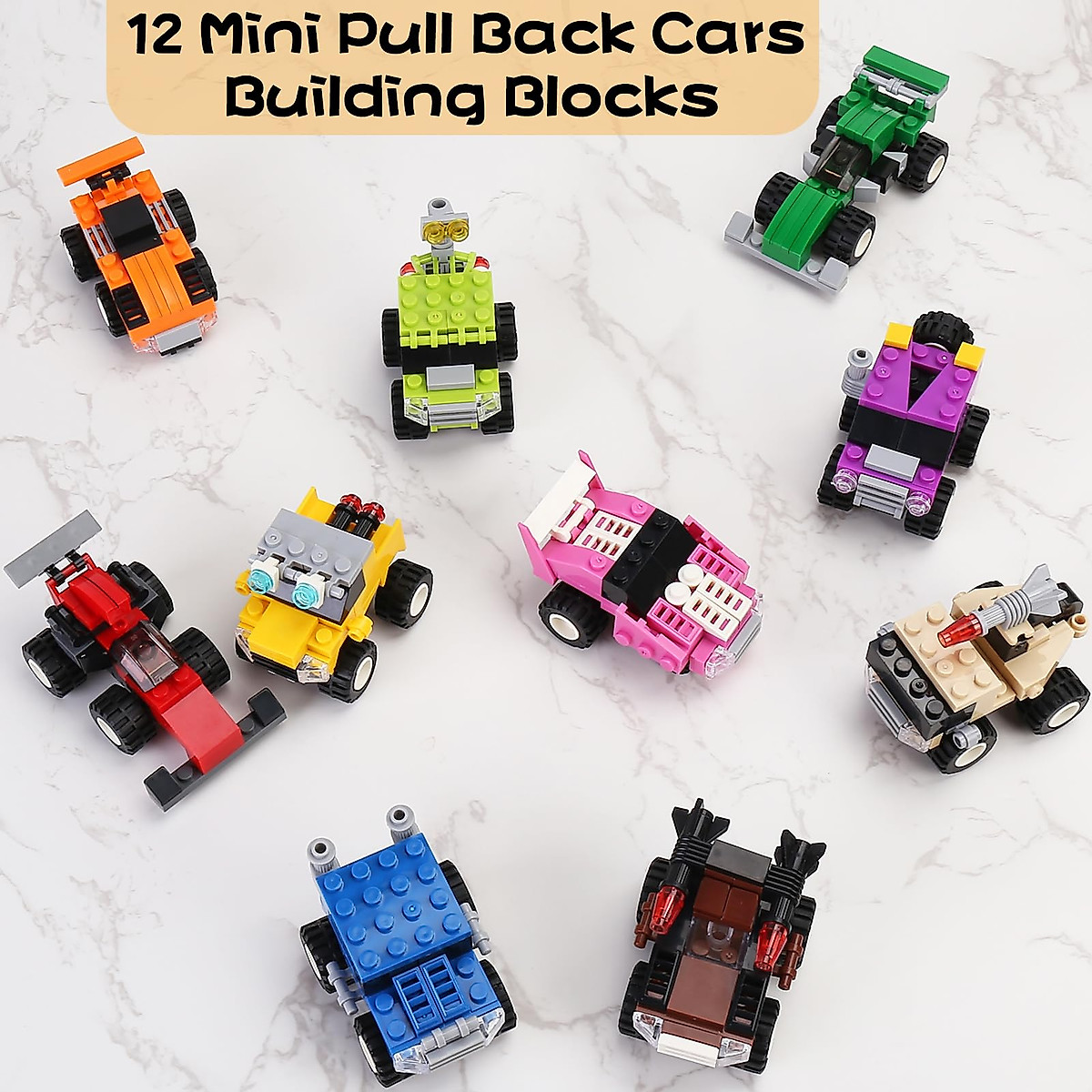 IAMGlobal 12 Mini Pull Back Cars Building Blocks Toy Set, Trucks Toy Vehicles Set Stem Toys, Party Supplies Gifts Party Favor for Kids, Goodie Bags, Birthday, Carnival Prizes