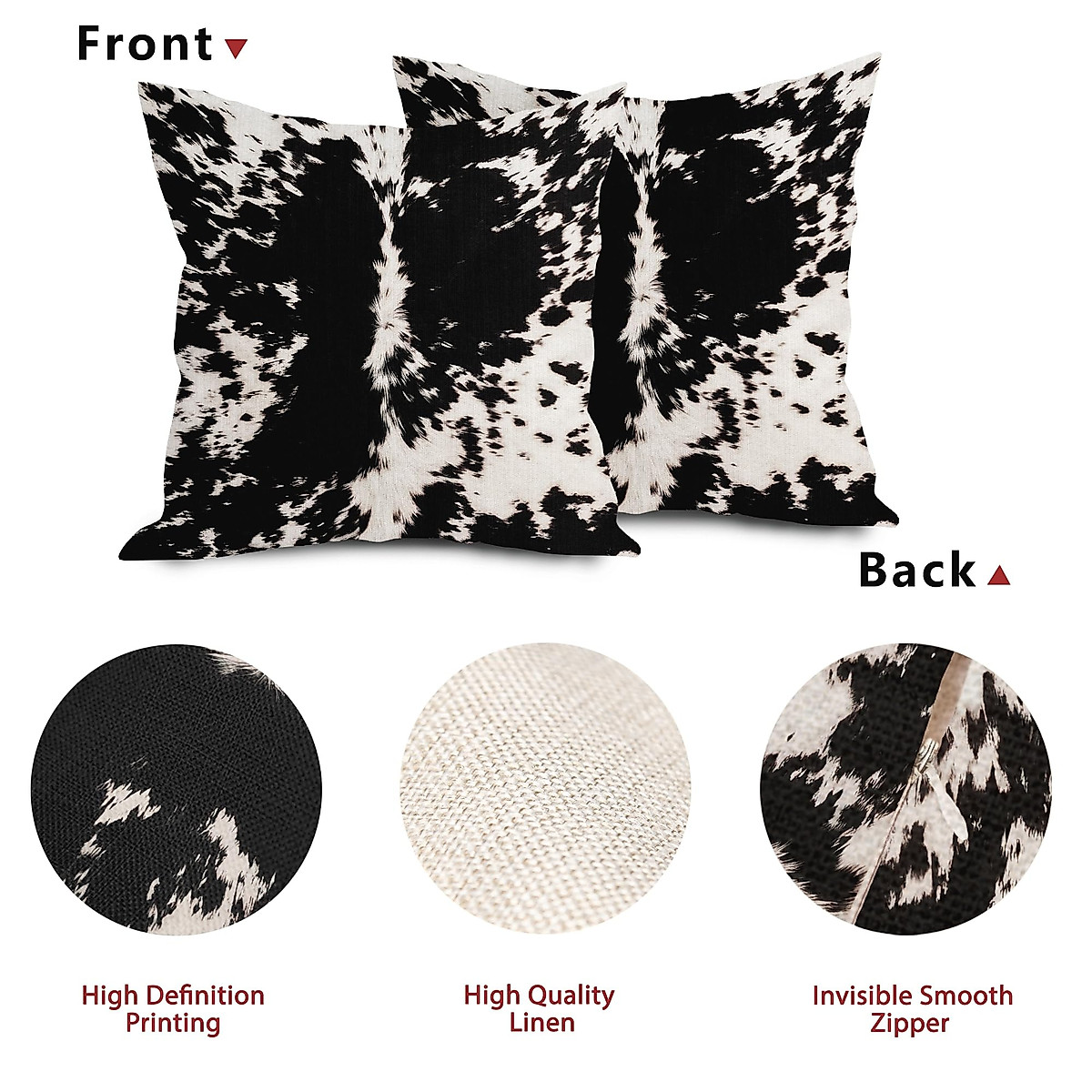 Cowhide Print Pillow Covers 18X18 Inch Black White Cow Spots Decorative Square Pillow Cases Set of 2 Farmhouse Western Home Decor Cotton Linen Throw Pillows For Bedroom Sofa Couch Porch Outdoor