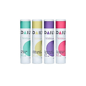 Assorted Natural Lip Balm Pack with Cocoa Butter and Coconut Oil by DAILY GOODS, Includes Pomegranate, Coconut, Cherry, and Spearmint Flavors, Enriched with Vitamin E - Pack of 8, 0.15 oz Tubes
