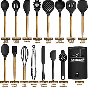Kitchen Utensils Set, AIKKIL16 Pcs Cooking Utensils Set with Holder, Heat Resistance, Black Wooden Handle Silicone Kitchen Gadgets Utensil Set for Nonstick Cookware