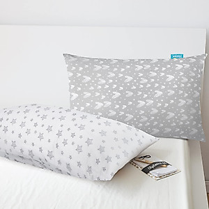 Biloban Organic Cotton Youth Pillowcase 2 Pack, (Pillowcase Only) Kids Pillowcase for Sleeping Fit Pillow Sized 16" x22“, Envelope Travel Pillowcase for Girl Boy, Gray Heart & White Star
