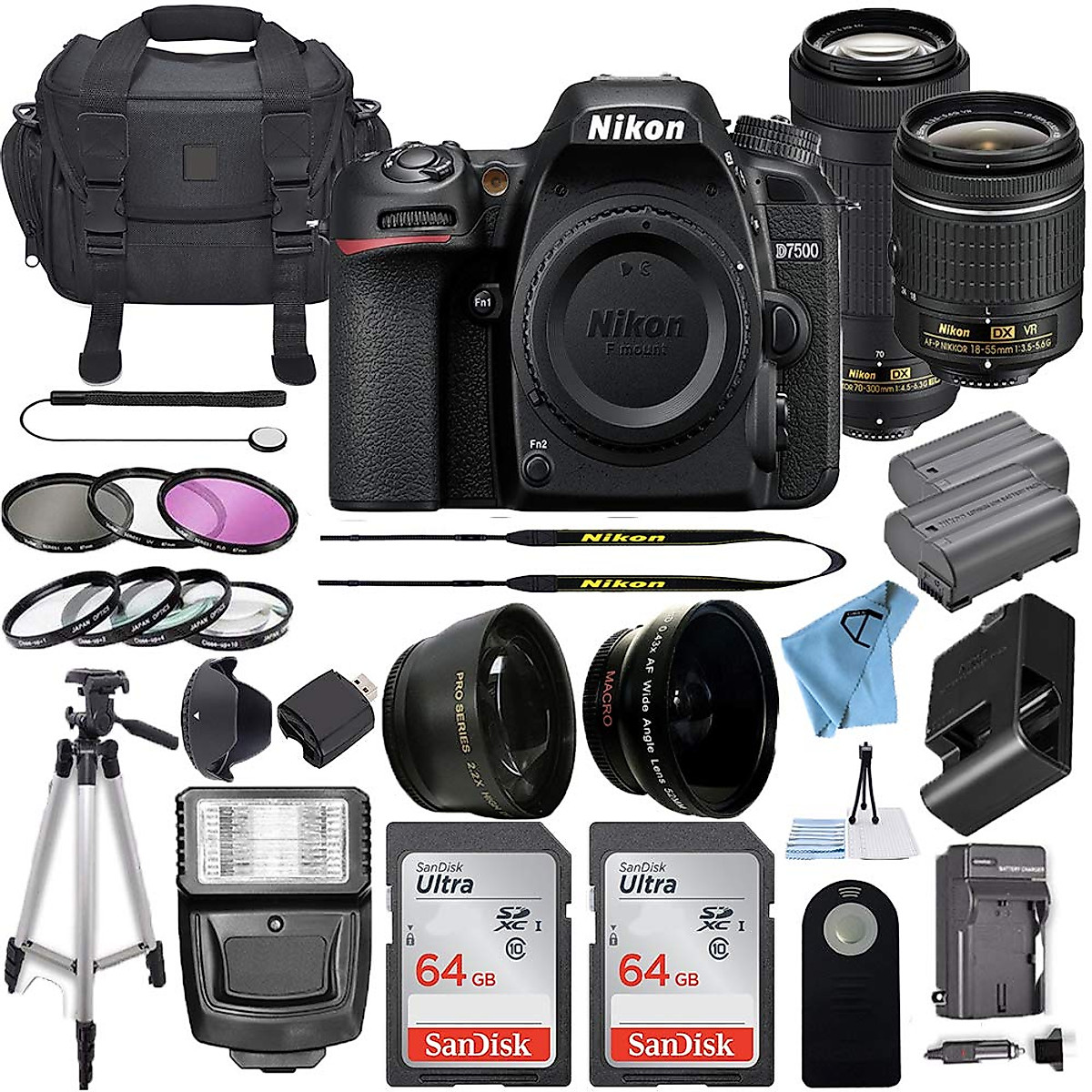 Nikon D7500 20.9MP DSLR Digital Camera w/AF-P DX NIKKOR 18-55mm f/3.5-5.6G VR Lens & AF-P DX 70-300mm f/4.5-6.3G ED Lens + 2 Pcs SanDisk 64GB Memory Card + Accessory Bundle (Black) (Renewed)