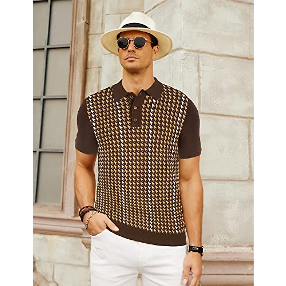 PJ PAUL JONES Retro Knitted Polo Shirt for Men 1950s Houndstooths Shirt Short Sleeve Button Down Knit Polos Knit Light Coffee S