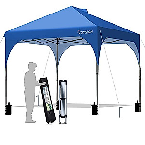 VOYSIGN 10x10 Pop Up Canopy Tent, Outdoor Instant Sun Shelter - Blue, Included 1 x Rolling Storage Wheeled Bag, 4 x Weights Bags, 4 x Guylines, 8 x Stakes