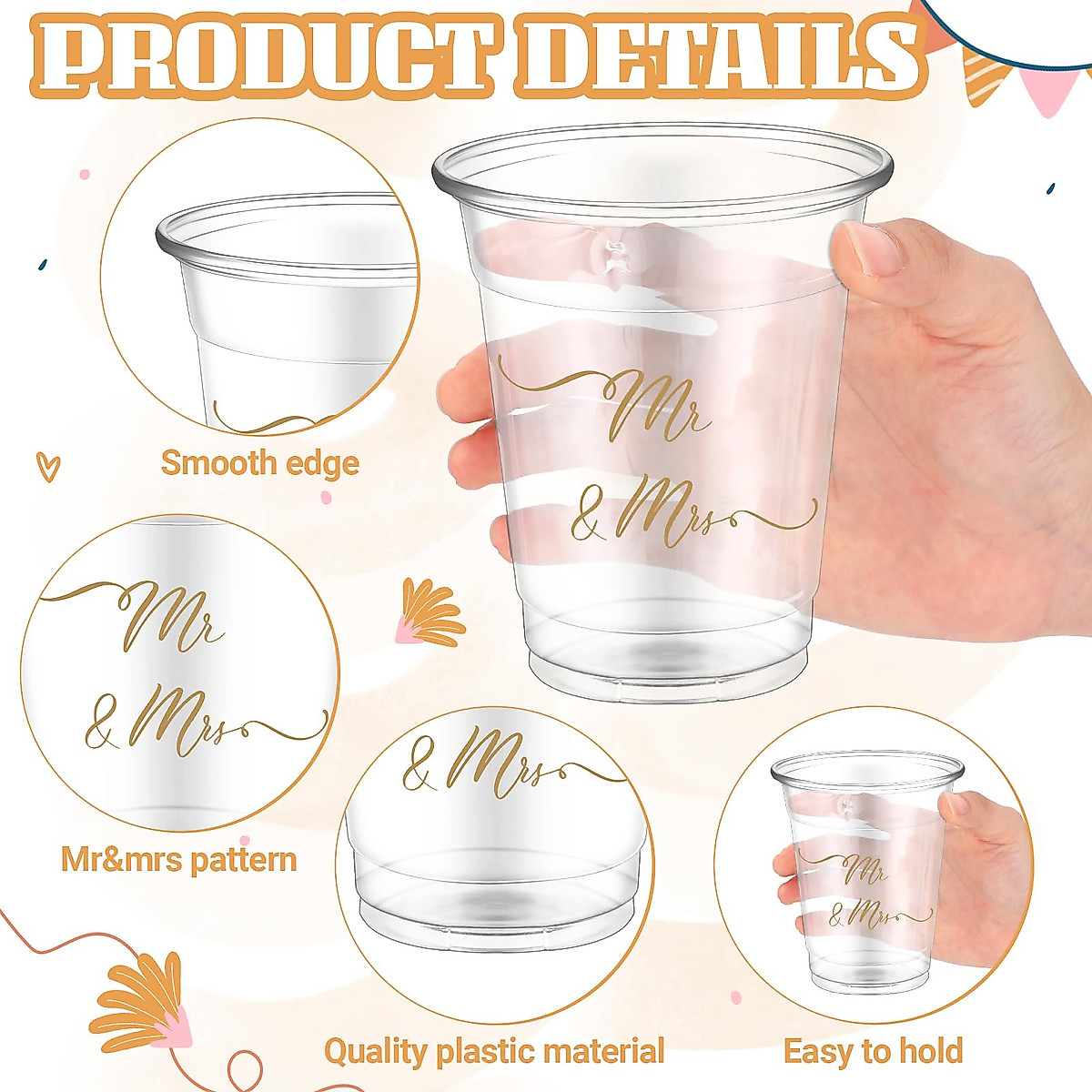 FoldTier 50 Pcs Mr and Mrs Cups 12 oz Plastic Wedding Cups Clear Engagement Disposable Cups Bridal Shower Drinking Cups for Home Kitchen Wedding Theme Party Favors Supplies Decoration