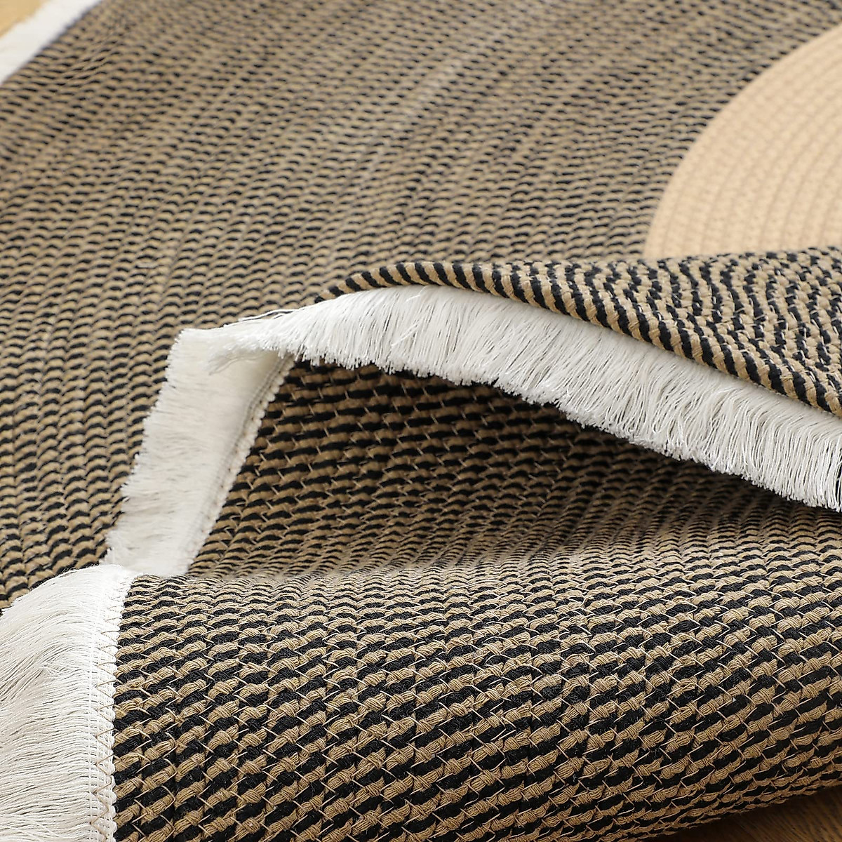 MVSUTA Boho Tassel Tan and Black 24" Round Washable Chic Bohemian Indoor Hand Woven Cotton Cord Circle Carpet for Living Room Soft Area Rugs,Small Size 2' Round