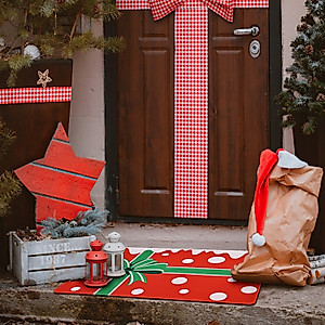 TRUEDAYS Christmas Red Bowknot Door Mat, Outdoor Indoor Welcome Rug Durable Bedroom Door Mats, Cute Cartoon Gift Box Snowflake Christmas Decorative Doormat with Non Slip Rubber Backing