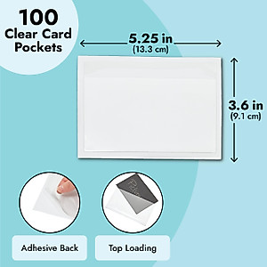 Juvale 100 Pack Plastic Label Holders for 3x5 Index Cards, Clear Self-Adhesive Pockets for Office Supplies