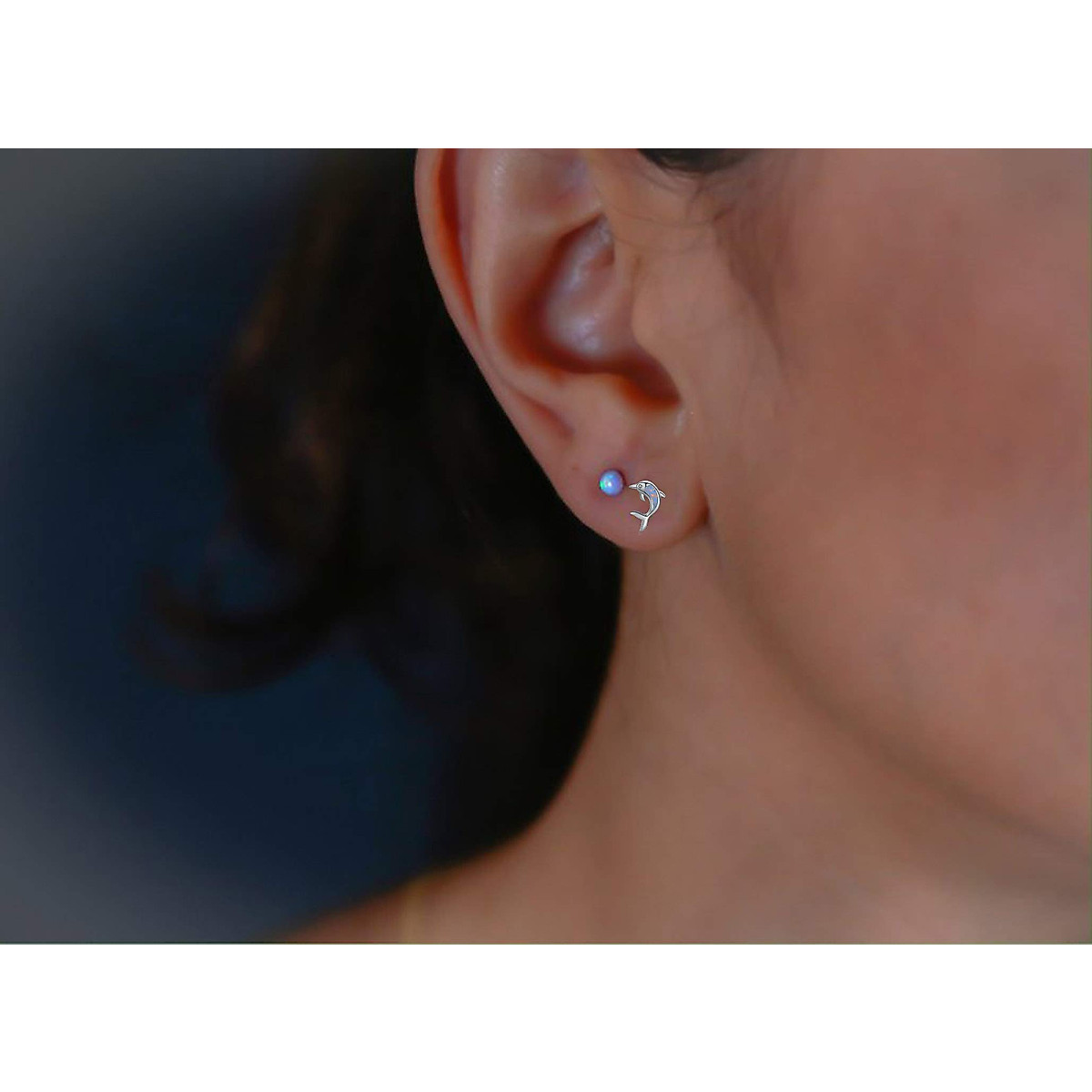 925 Sterling Silver Synthetic Opal Earrings Studs Hypoallergenic Dolphin Earrings Cute Birthday Gift for Her