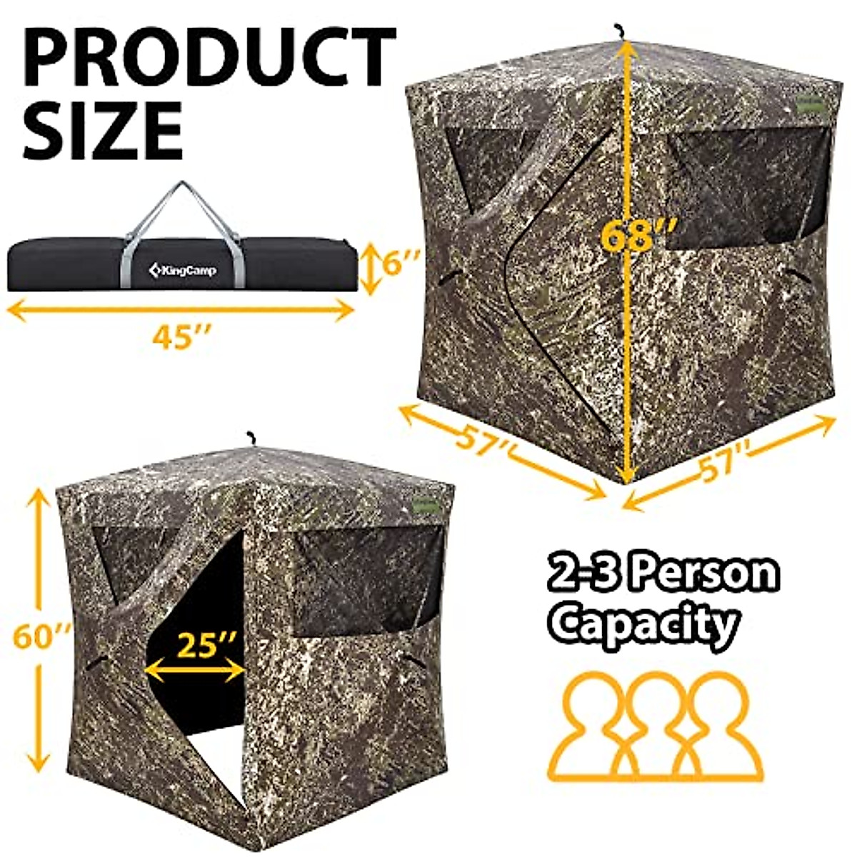 KingCamp Hunting Blind 270 Degree See Through with Carrying Bag 3 Person Ground Blinds for Deer Hunting Pop Up Turkey Blinds for Hunting Ground Blinds Portable Durable Camouflage Turkey Hunting Tent