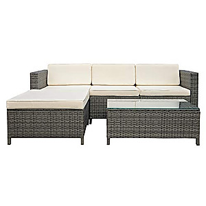 SUNVIVI OUTDOOR Patio Furniture, 5 Piece All Weather Grey PE Wicker Patio Sectional Furniture Conversation Sofa Set with Coffee Table, Removable Cushions