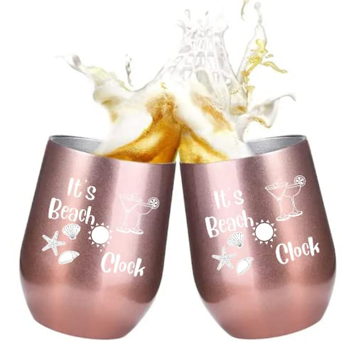 It's Beach O 'Clock, Lovely Shape Rose Gold With white Print, Insulated Wine Tumbler with Lid Double Wall Stainless Steeel, Coffee Mug, Beach Accesories, Cocktail, Beer, Office (Rose Gold)