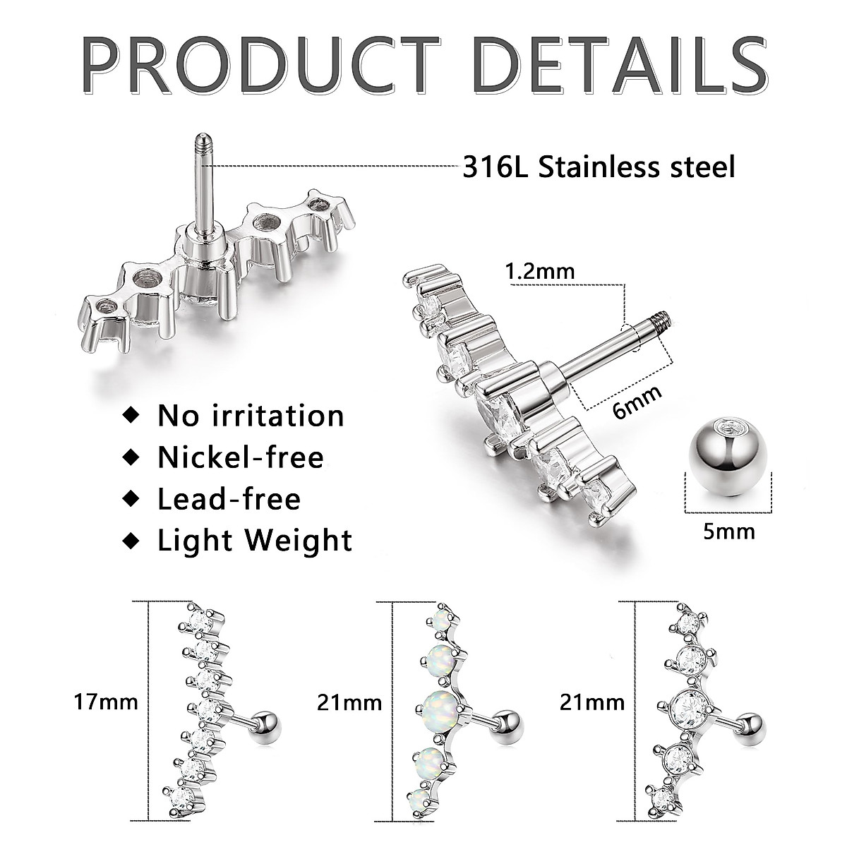 FIBO STEEL 3 Pcs 16G Stainless Steel Cartilage CZ Stud Earrings for Women Helix Conch Daith Piercing Jewelry Set