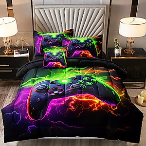 BERTSUCA Twin Gamer Bedding Sets for Boys Teen, 4 Pcs Gaming Twin Comforter Set for Boys, Kids Twin Bedding Set for All Season