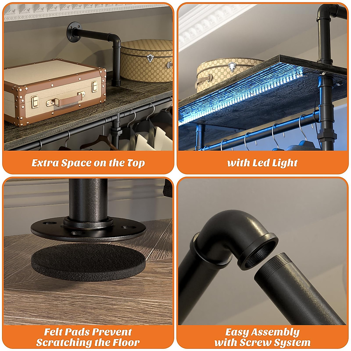 Aheaplus Industrial Pipe Clothing Rack, Reversible 118.3'' Clothes Rack for Hanging Clothes, Heavy Duty Garment Rack Closet Wardrobe Rack with LED Lights& Shelves, Walk-in Closet System, Black Oak