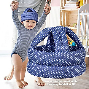 Baby Safety Helmet, Infant Baby Head Protector with 3 Pairs Baby Knee Pads for Crawling & 3 Pairs Baby Socks, Head Cushion Bumper Bonnet, Soft Headguard for Toddler Learning to Walk, Blue Dot