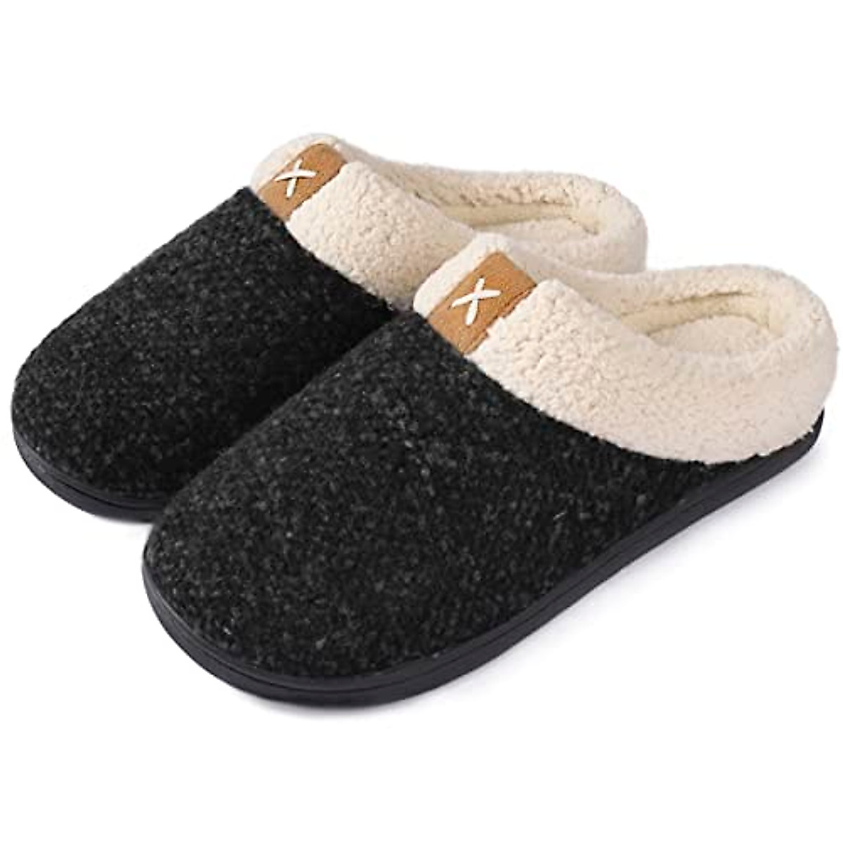 ULTRAIDEAS Mens Slip On Slippers, Sherpa Lined House Shoes with Memory Foam for Indoor Outdoor, Machine Washable (Space Black, Size 11-12)