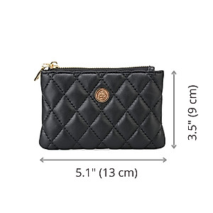 PEONY SUPREME Luxury Black Quilted Leather Coin Purse Card Holder Wallet Credit Small Compact Business with Keyring Gift for Women Girl