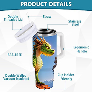 Nexawaveo Cold Cup Dragon under Sky XL Insulated Tumbler with Handle Lid Straw 30-40 oz Reusable Cupholder Friendly Water Bottle