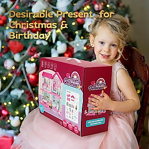 Dollhouse Kit, Doll House Asseccories and Furniture, DIY Pretend Play Building Playset Toys with Doll and Lights, Princess House for Toddlers, Kids Boys & Girls (4 Rooms)